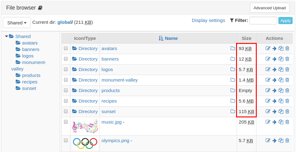 File manager display settings