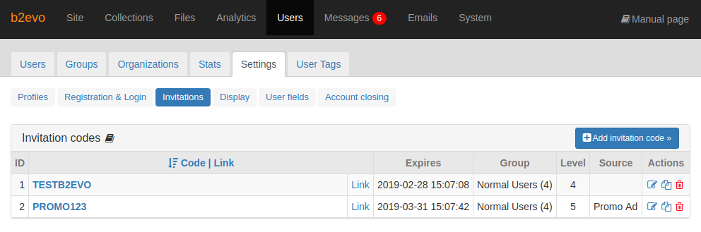 Invitation Codes - b2evolution CMS User Manual
