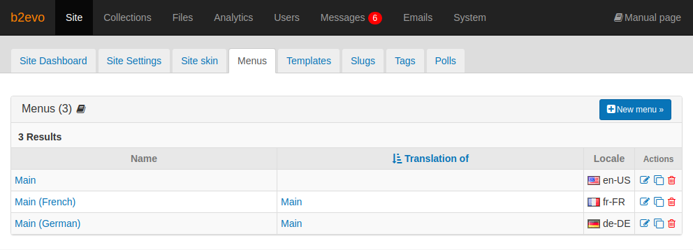 Menus Tab - b2evolution CMS User Manual